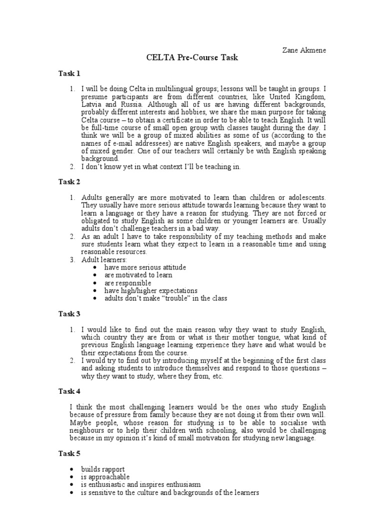 CELTA Pre-Course Task Insights | PDF | Verb | Reading (Process)