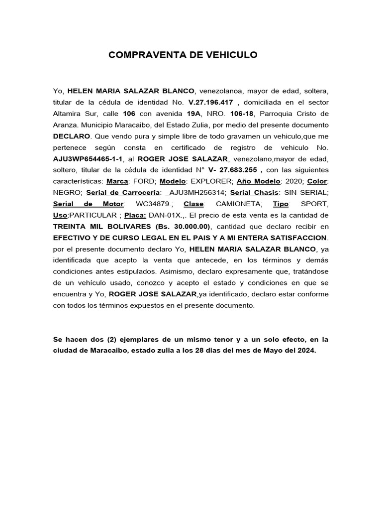 Modelo Venta de Vehiculo | PDF | Bancos | Derecho privado