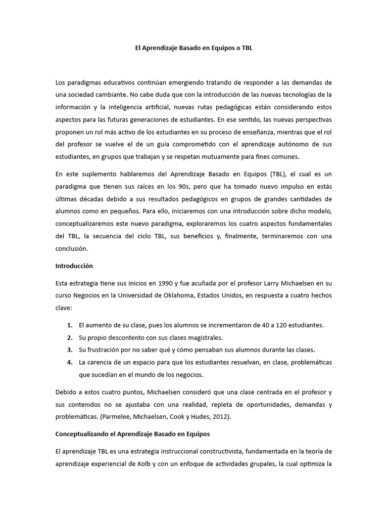 TBL El Aprendizaje Basado en Equipos o TBL | PDF | Maestros | Aprendizaje
