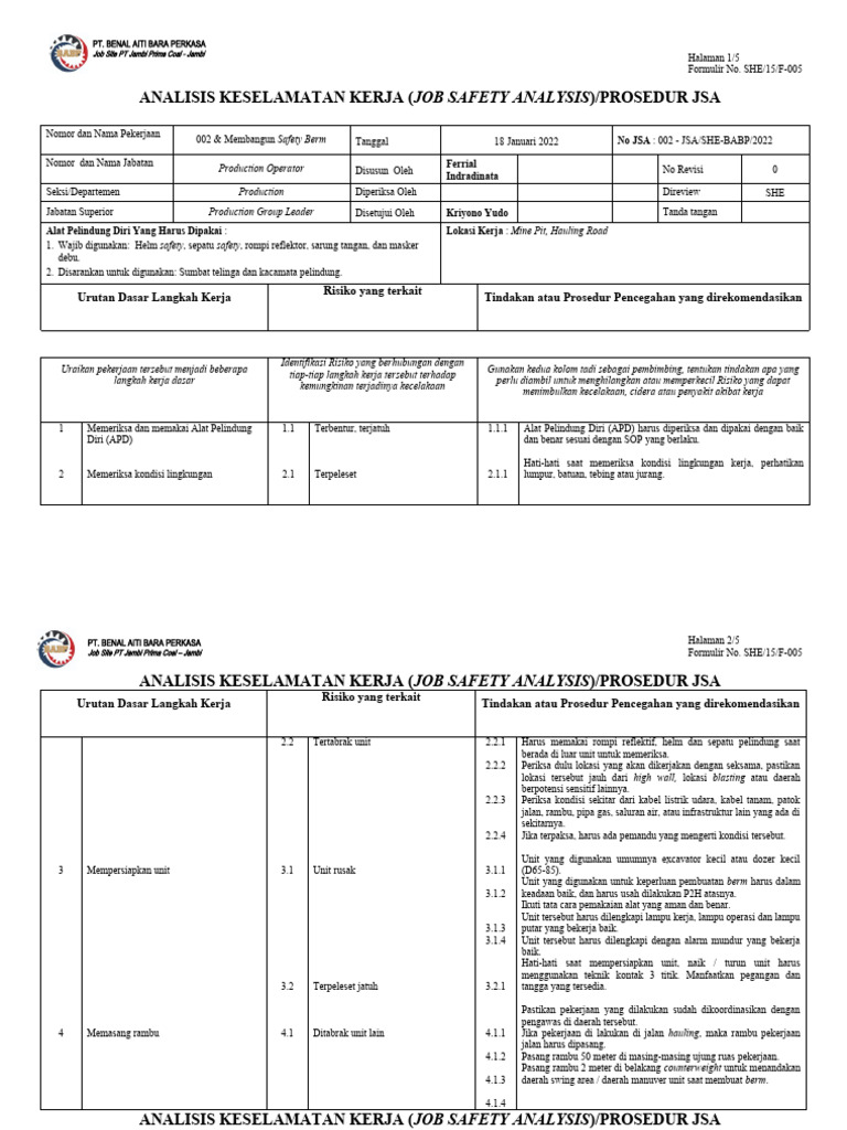 JSA Membangun Safety Berm | PDF