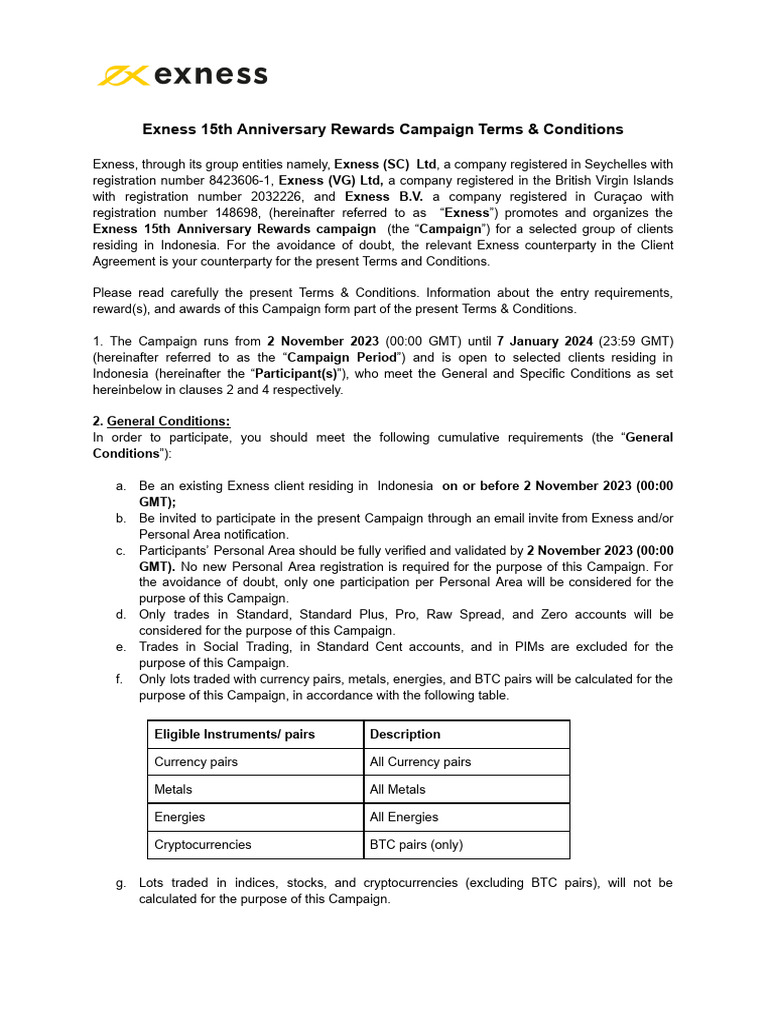 Exness 15th Anniversary Rewards Campaign Terms & Conditions | PDF ...