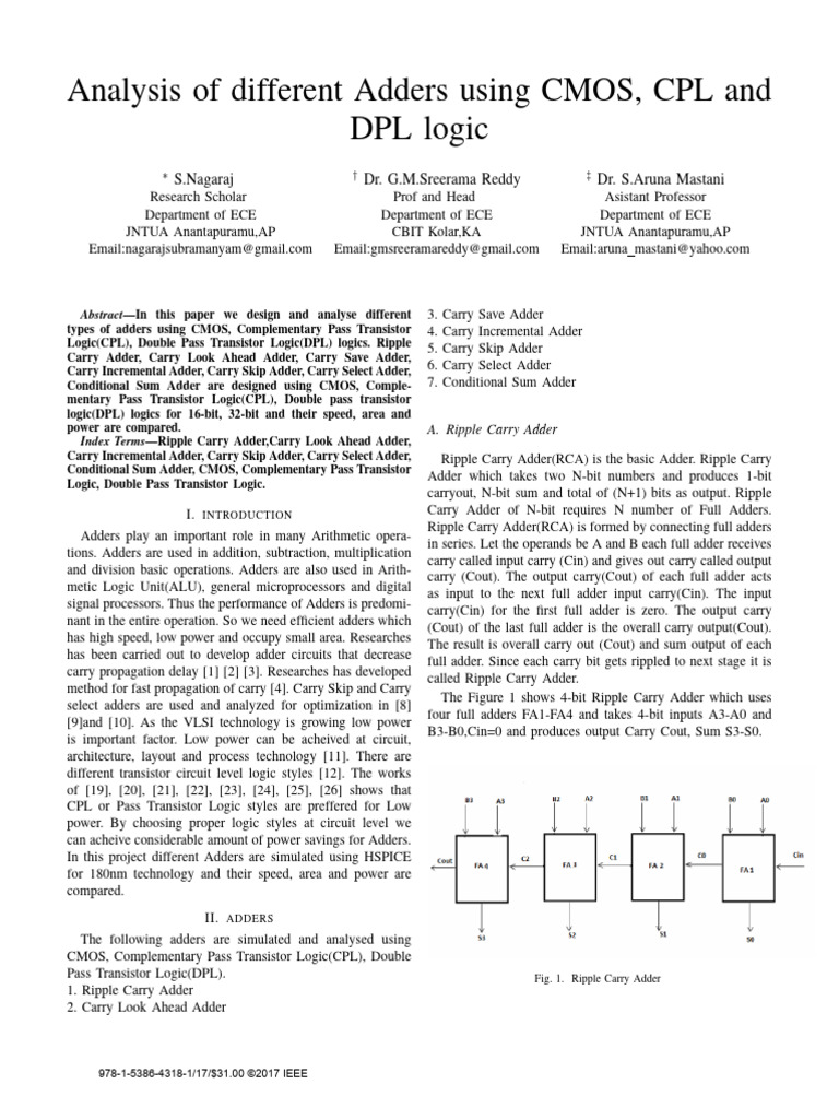 Analysis Of Different Adders Using Cmos Cpl And Dpl Logic Pdf Cmos Logic Gate 
