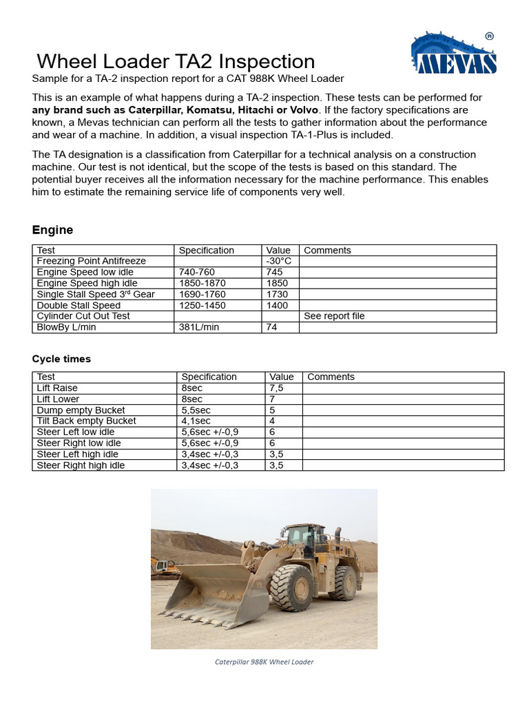 Caterpillar 988K TA2 Sample Report | PDF | Loader (Equipment) | Engines