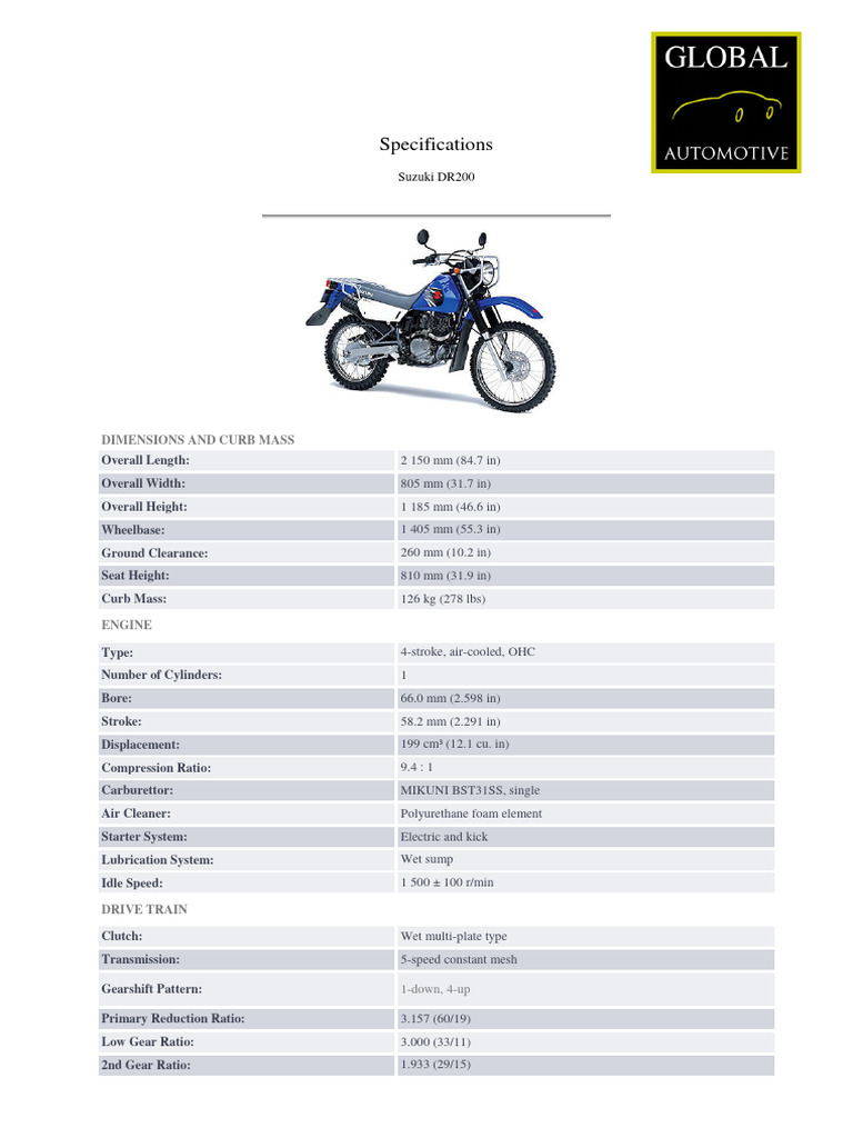 Suzuki DR200 SE Specs Sheet | PDF | Gear | Manual Transmission