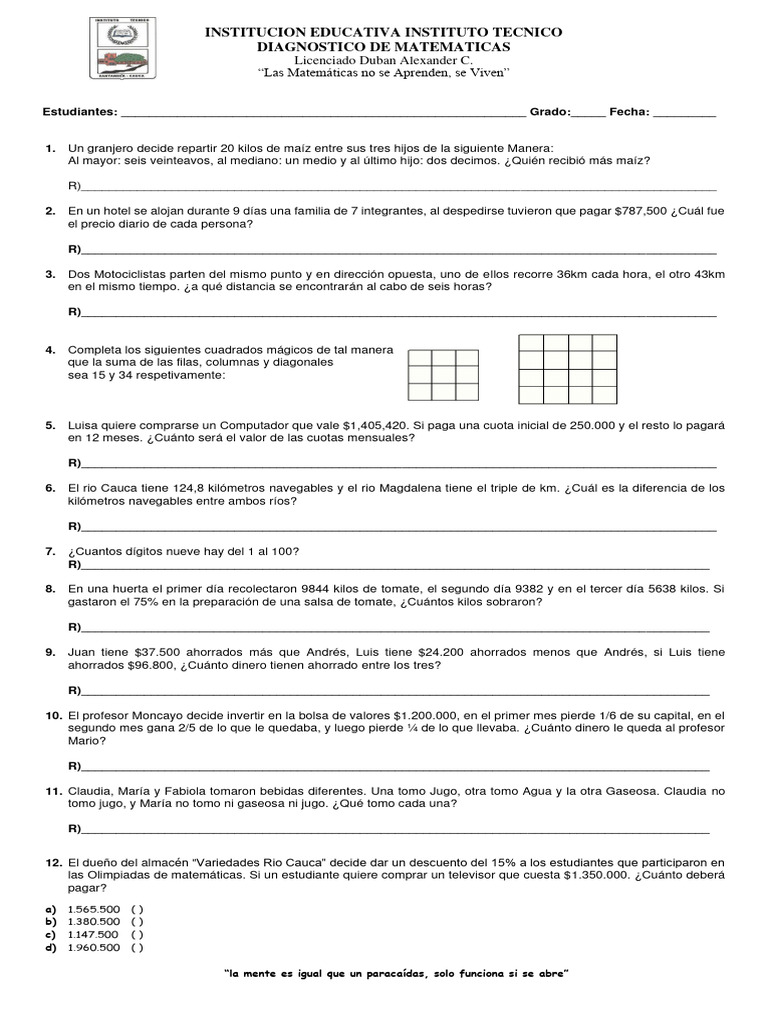 Diagnostico de Pensamiento Matematico | PDF | Ecuaciones | Matemáticas