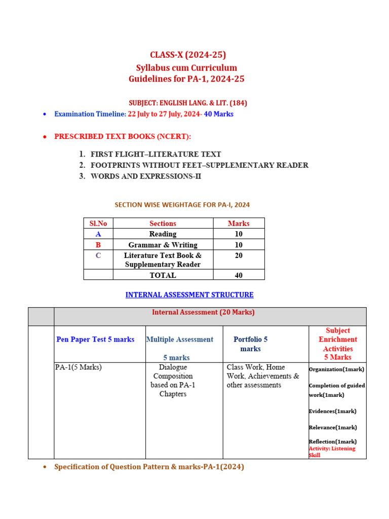 CLASS-X ENG(PA-1,2024) SYLLABUS & CURRICULUM | PDF | Reading ...