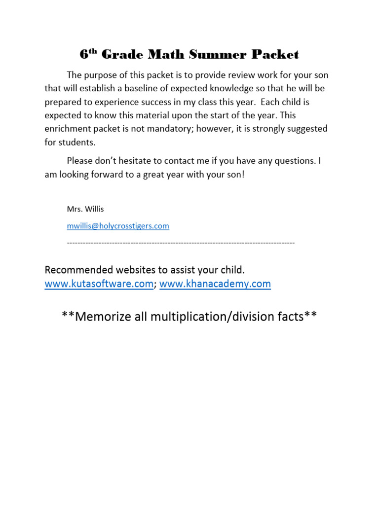 6thGradeMath Summer Packet | PDF | Arithmetic | Mathematics