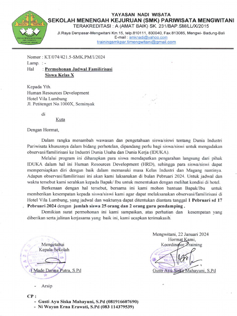 Surat Permohonan Observasi Hotel Vila Lumbung | PDF