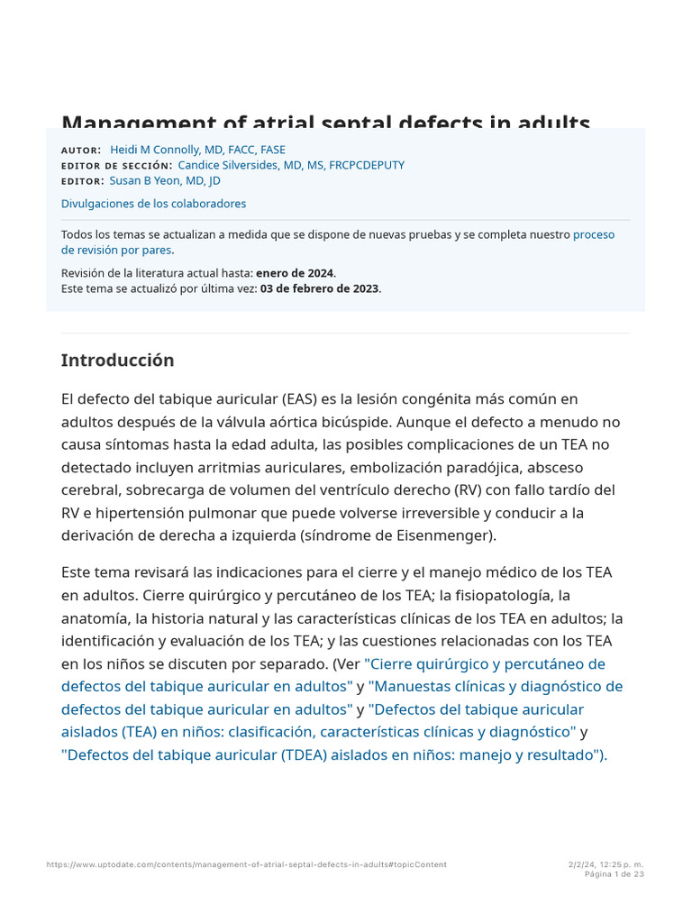Manejo de Defectos Del Tabique Auricular en Adultos - UpToDate | PDF ...