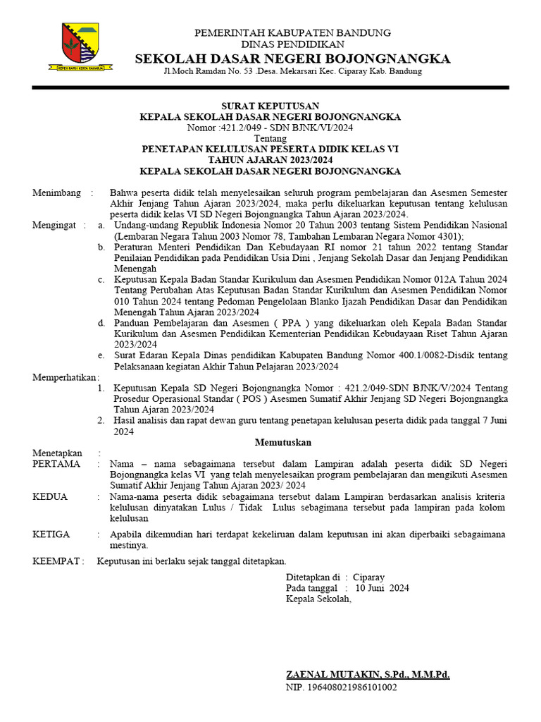 Surat Keputusan Kelulusan SDN Bonang 2024 | PDF