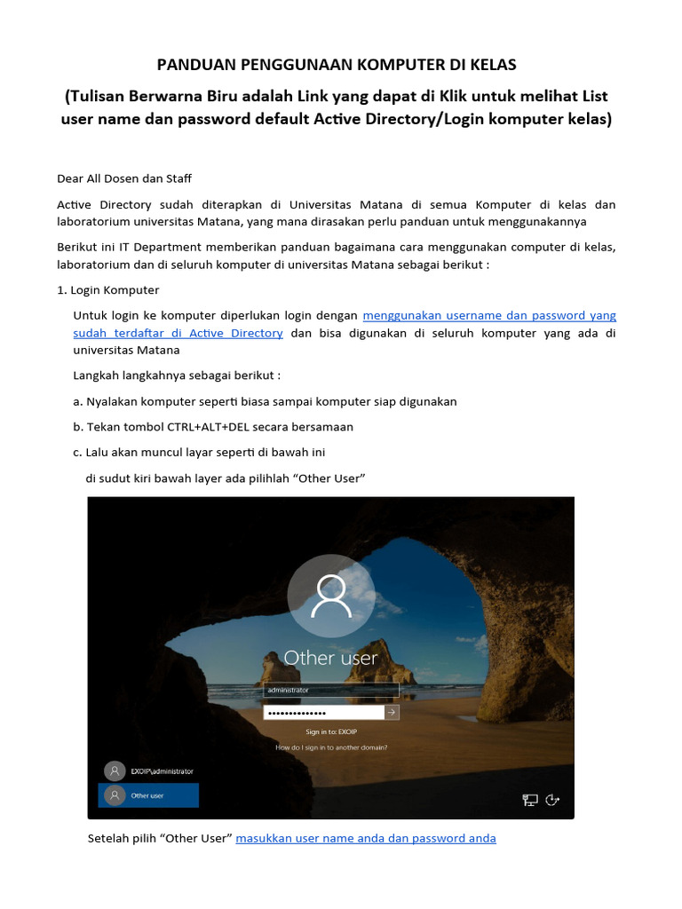 Panduan Login Komputer Universitas Matana | PDF