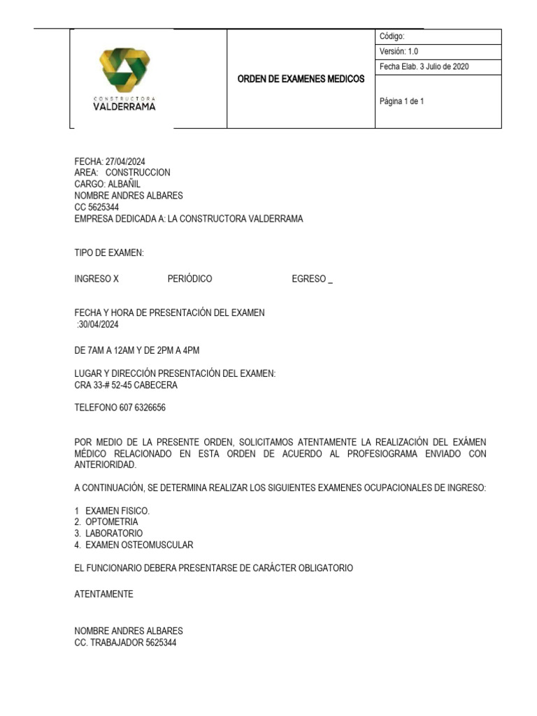 FTSST Oden de Examenes Medicos | PDF | Derecho