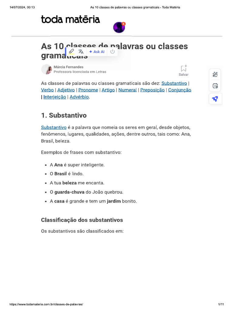 As 10 Classes de Palavras Ou Classes Gramaticais | PDF