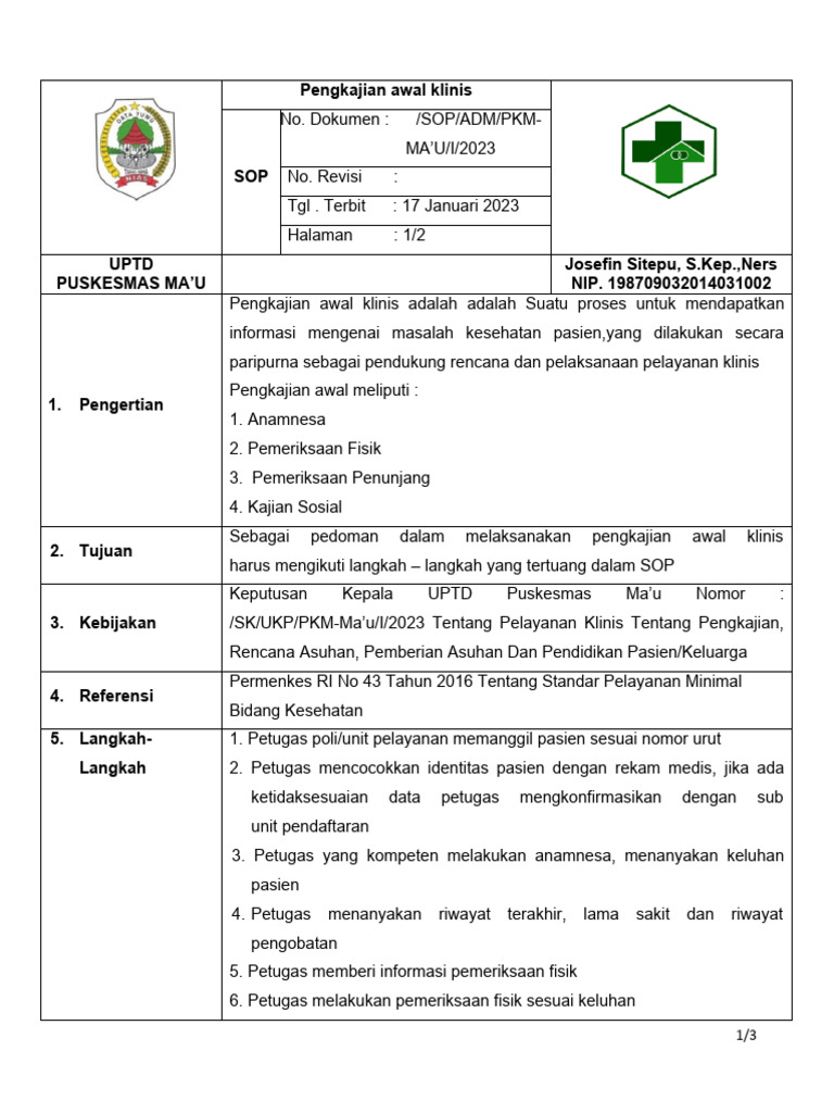 Sop Pengkajian Awal Klinis | PDF | Sains & Matematika