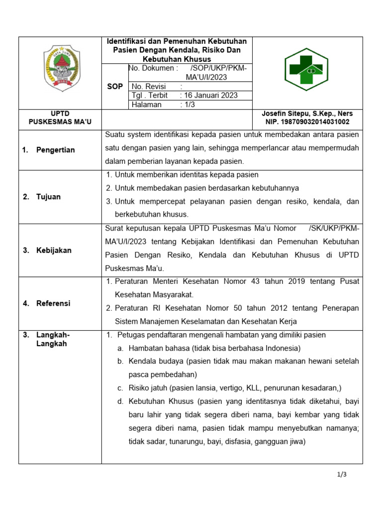 Sop Identifikasi Dan Pemenuhan Kebutuhan Pasien Dengan Risiko, Kendala Dan Kebutuhan Khusus ...