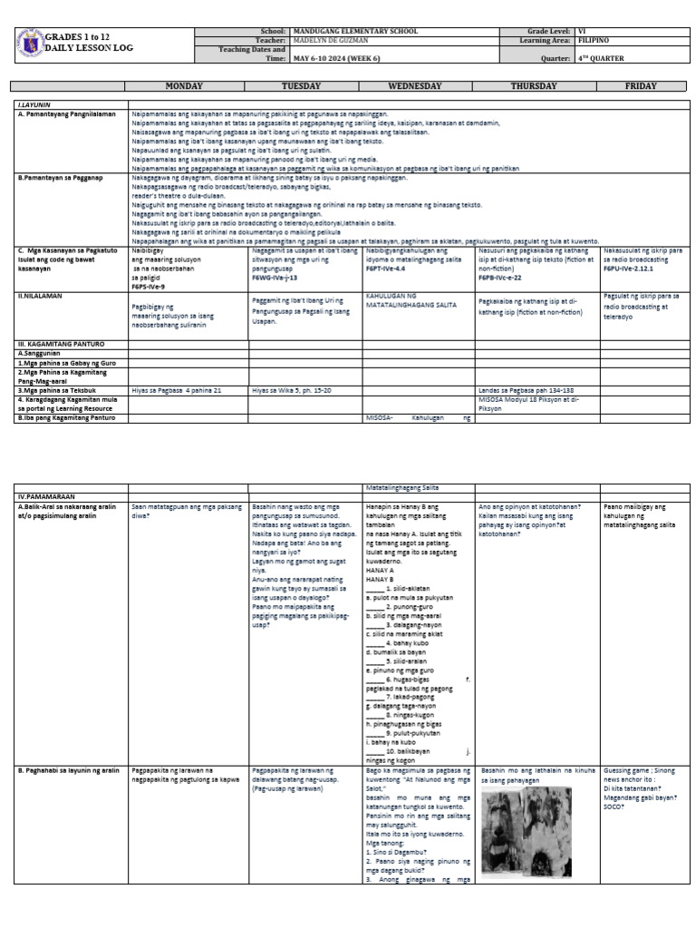 DLL_FILIPINO 6_Q4_W5 | PDF