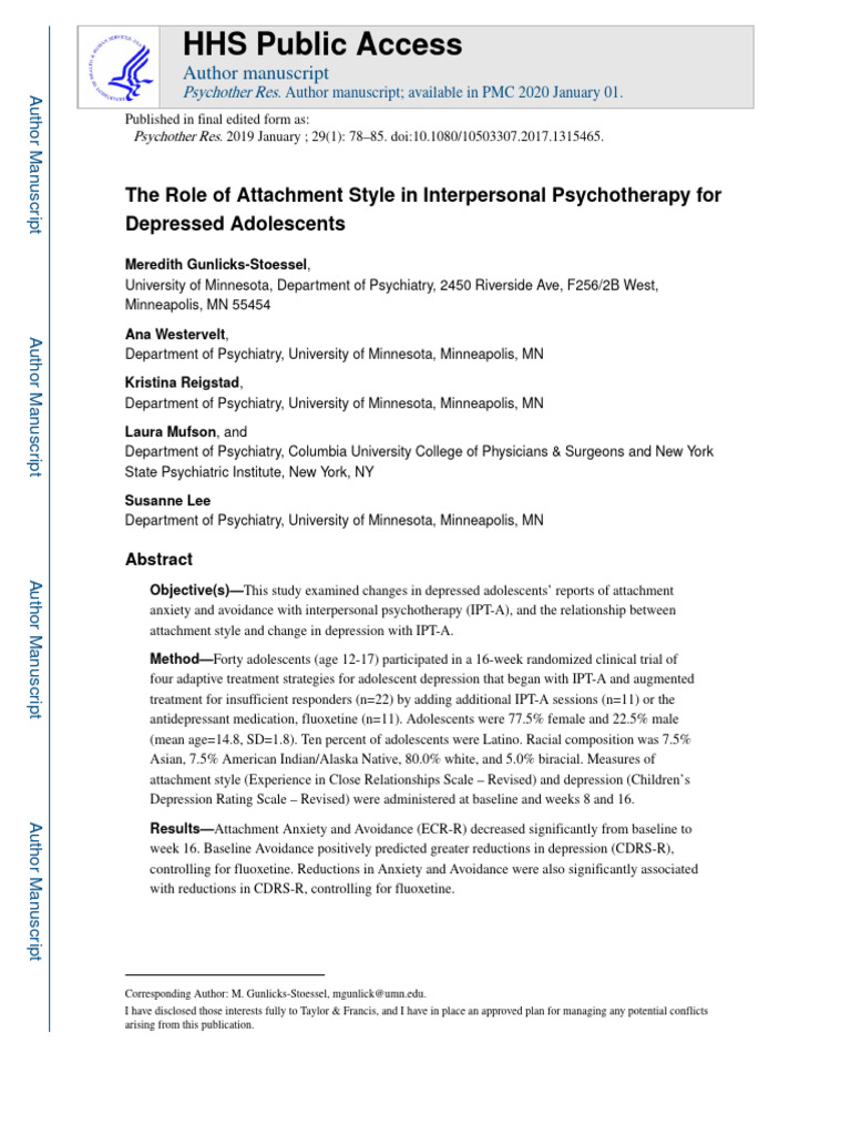 The Role of Attachment Style in Interpersonal Psychotherapy For ...