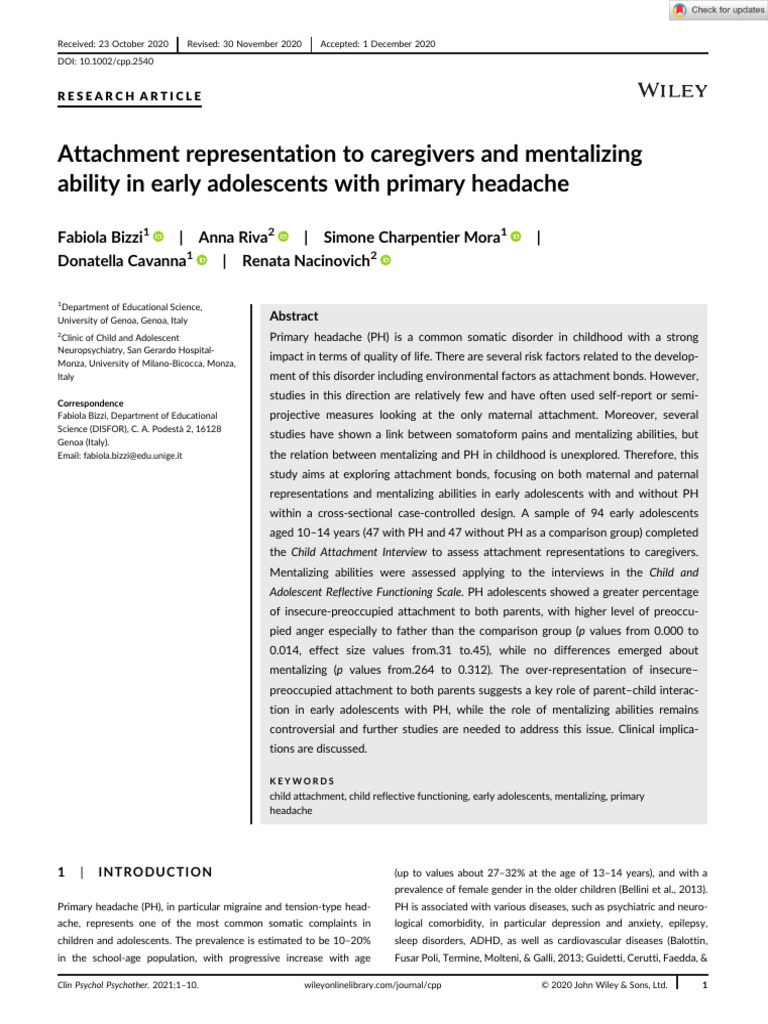 Attachment Representation To Caregivers and Mentalizing Ability in Early Adolecents With Primary ...
