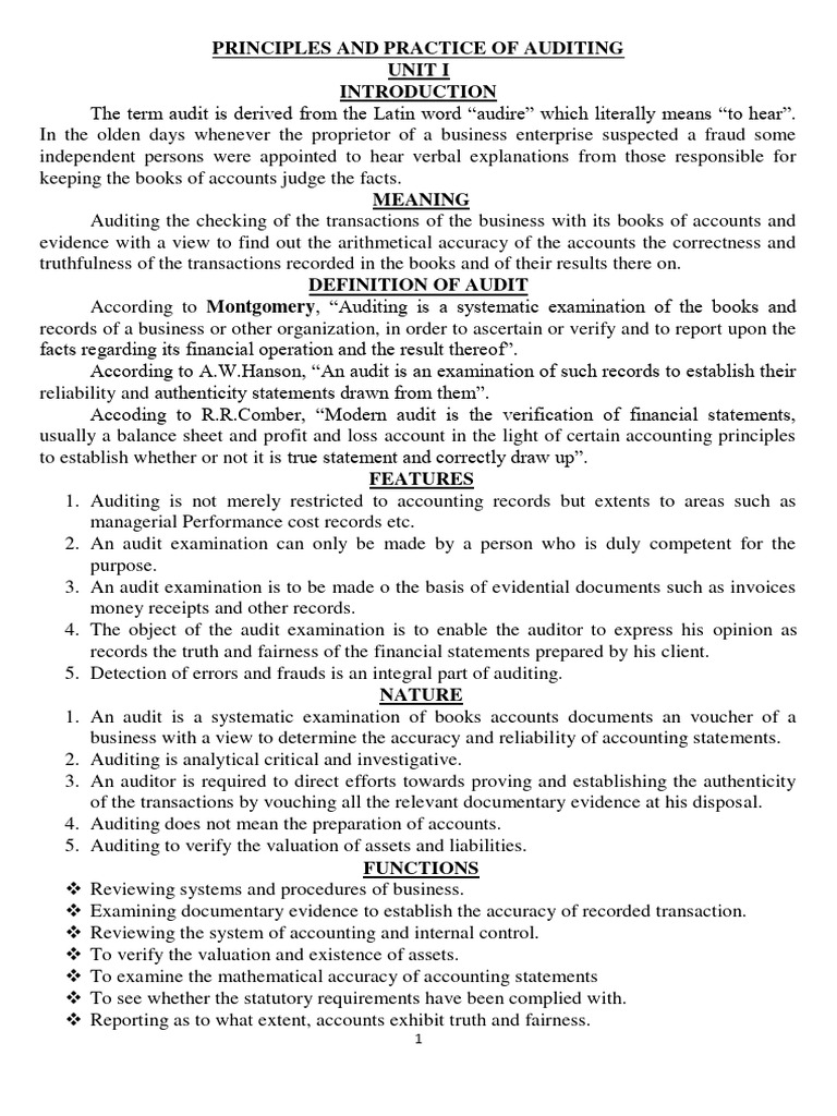 Auditing - Unit I, II & III | PDF | Audit | Internal Control