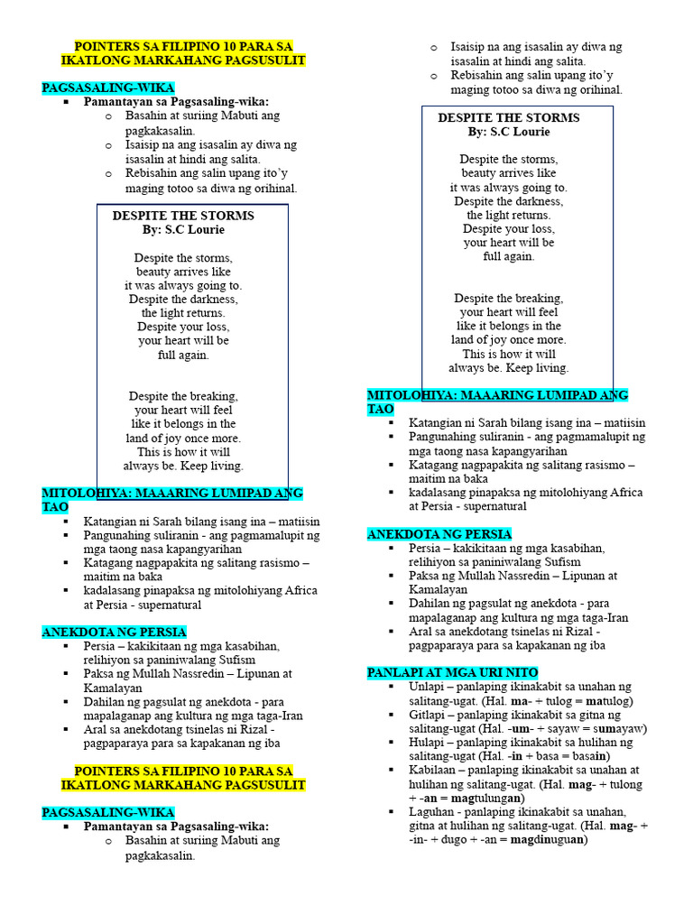 Pointers Sa Filipino 10 para Sa Ikatlong Markahang Pagsusulit | PDF