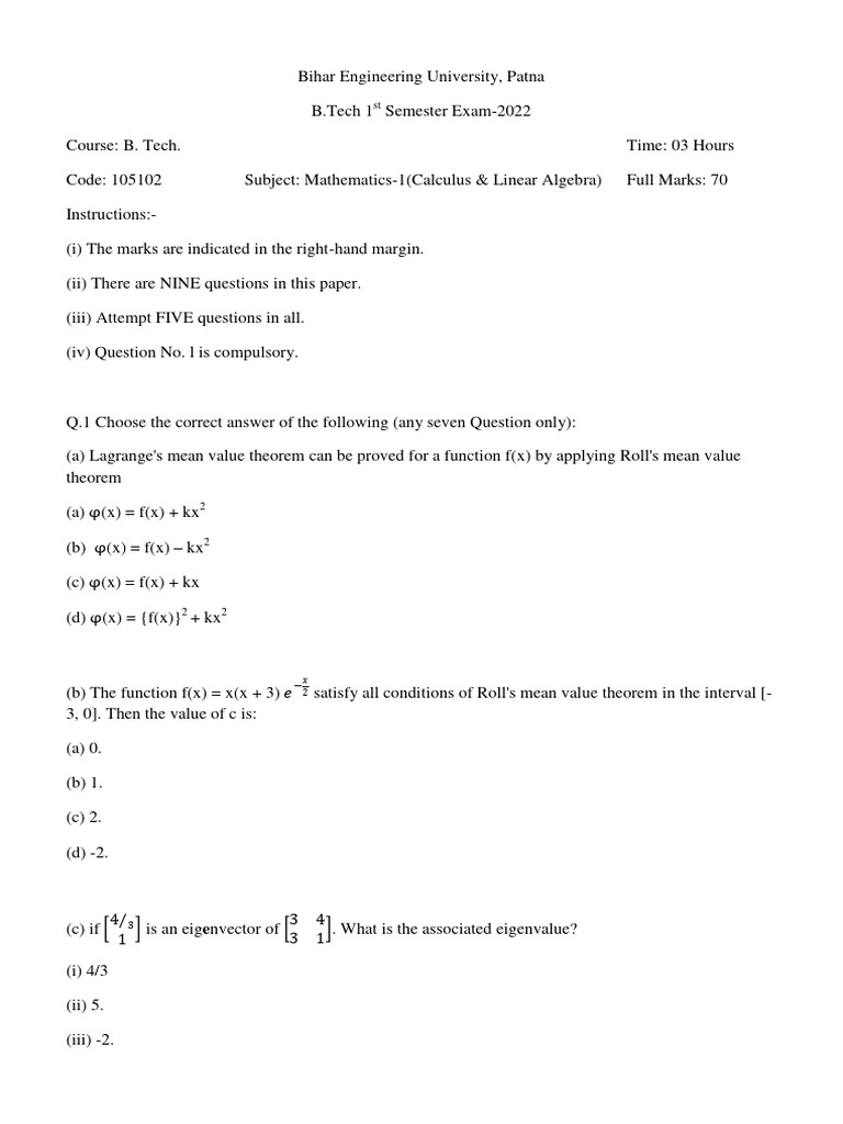 B.Tech 1st Sem Mathematics Exam Paper | PDF | Mathematical Concepts ...