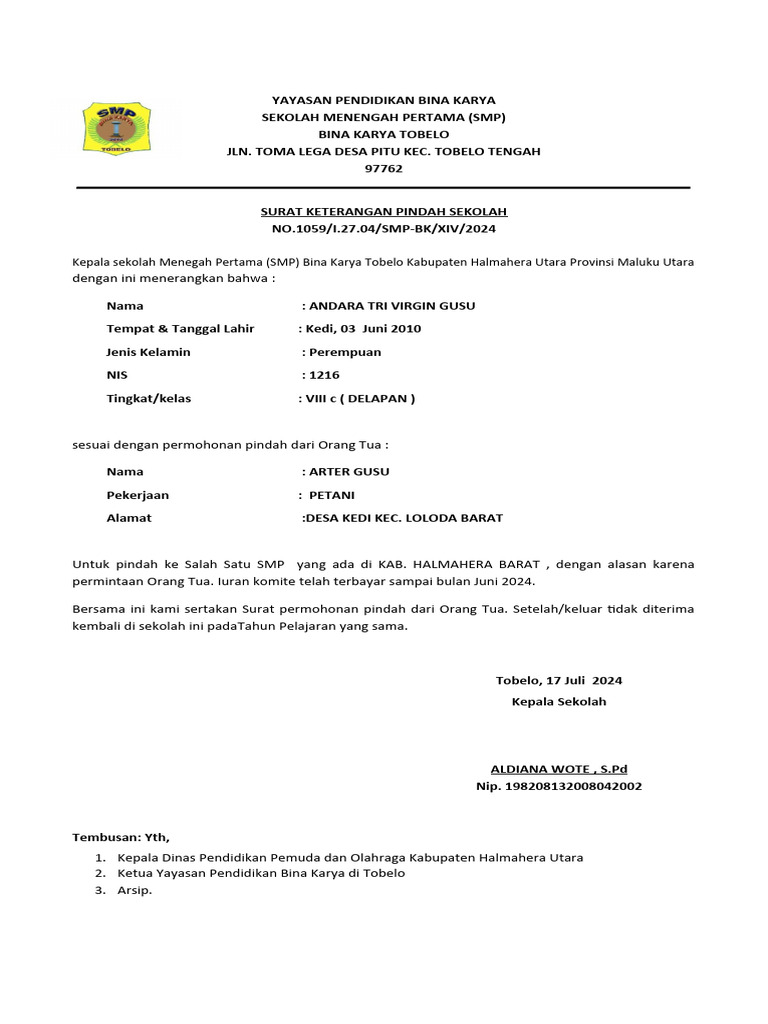 Surat Pindah Siswa Pdf