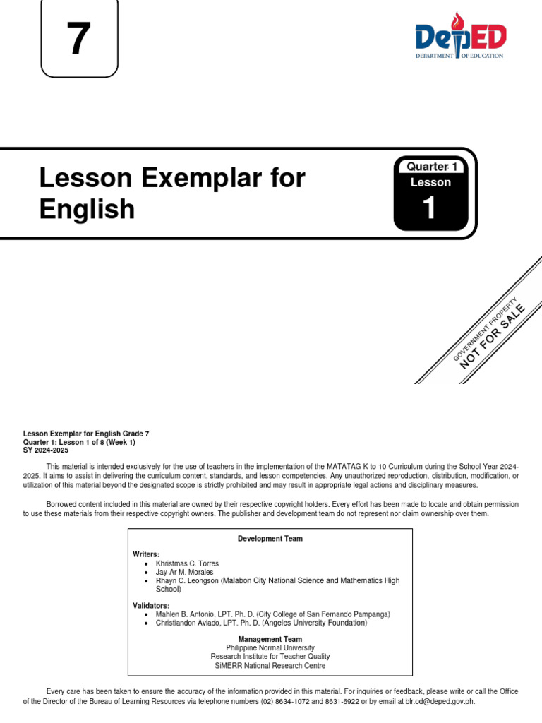 Q1 - LE - English 7 - Lesson 1 - Week 1 | PDF | Learning | Cognition