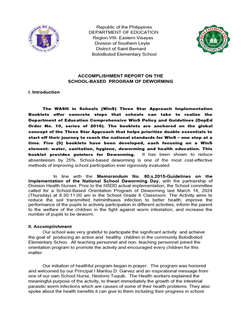 Accomplishment Report of DEWORMING ORIENTATION | PDF