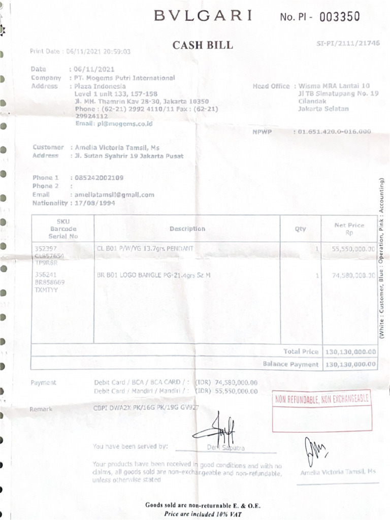 Receipt Gelang Bulgari | PDF