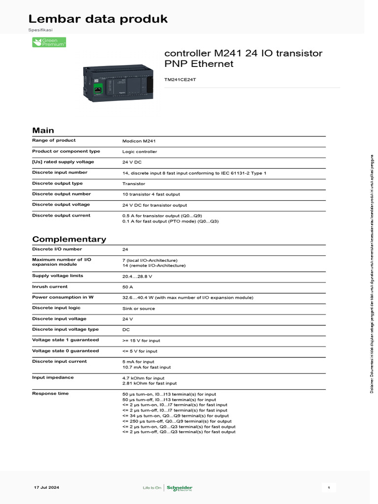 Schneider Electric - Logic-Controller-Modicon-M241 - TM241CE24T | PDF | Logic Gate | Transistor