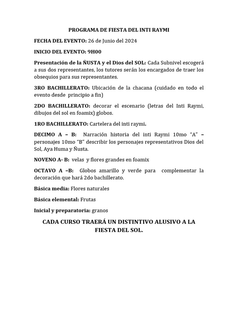 Programa de Fiesta Del Inti Raym1 | PDF
