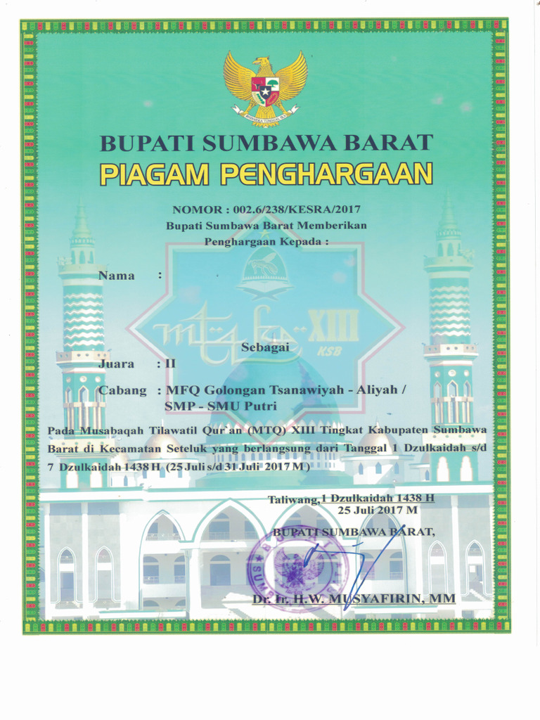 Piagam MTQ MFQ 2017 | PDF