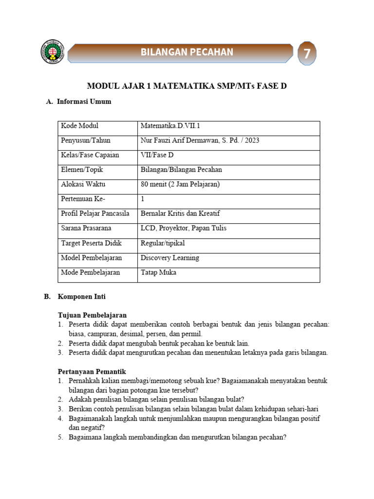 MODUL AJAR MATEMATIKA SMP KELAS VII BAB 2 - Revisi | PDF