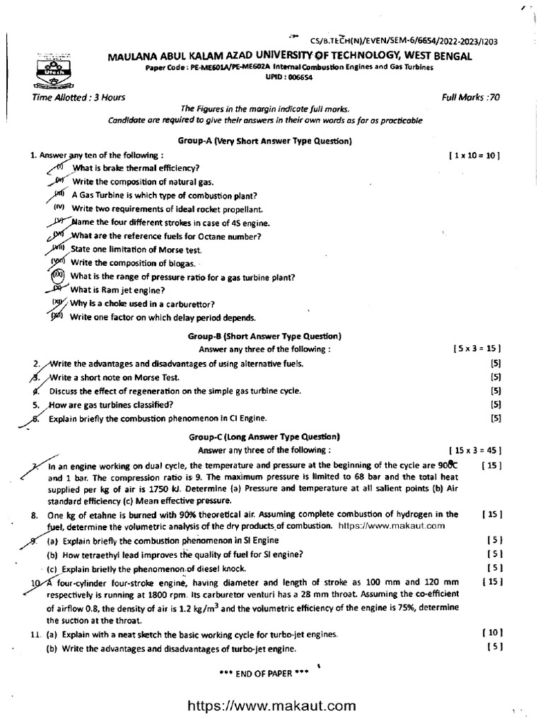 Btech Pe Me 6 Sem Internal Combustion Engines and Gas Turbines Pe Me601a 2023 | PDF