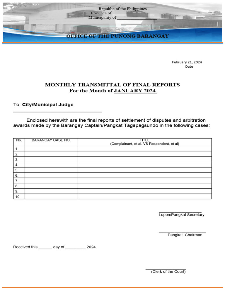Monthly Barangay Reports - January 2024 | PDF