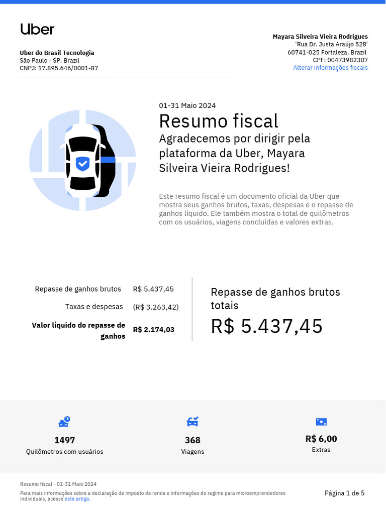 Uber Monthly Summary 2024 May PDF | PDF | Imposto de Renda | Impostos