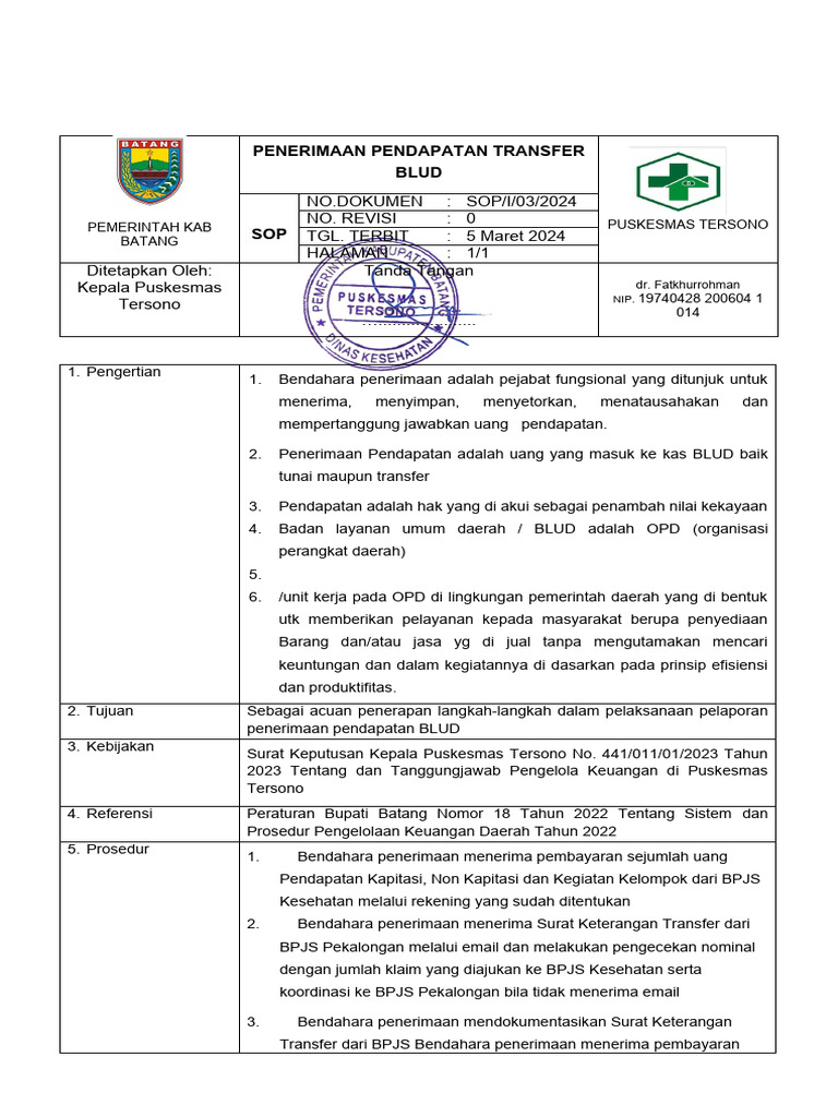 Sop Penerimaan Pendapatan Transfer Blud | PDF