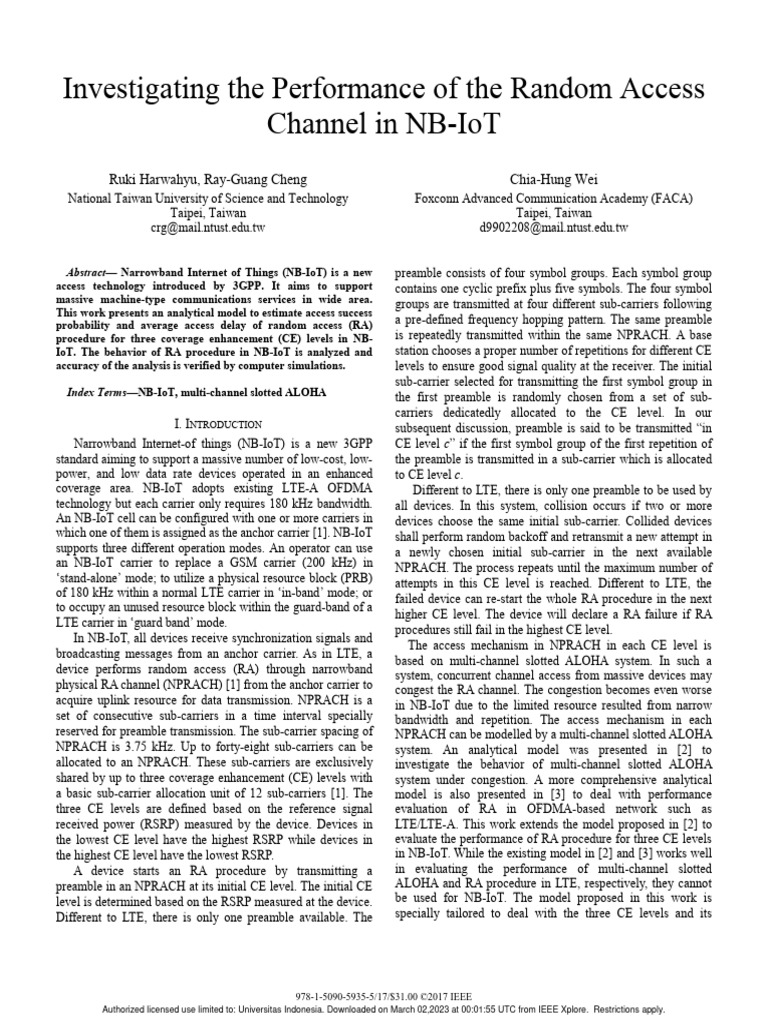 Investigating The Performance of The Random Access Channel in NB-IoT | PDF | Internet Of Things ...
