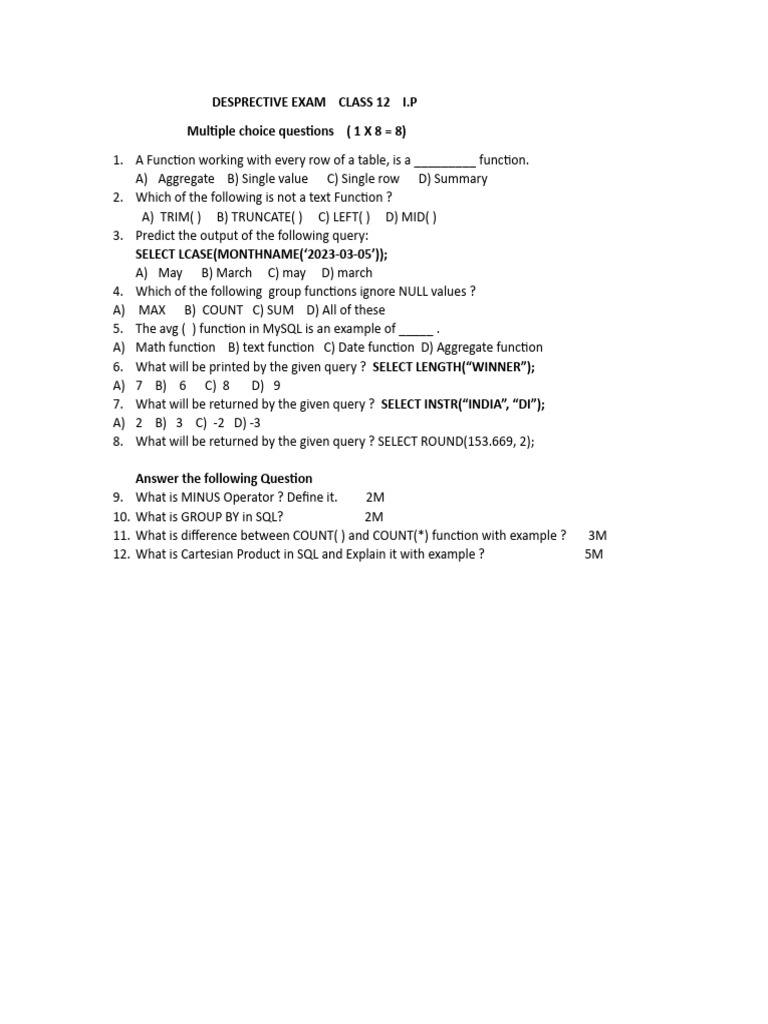 Class 12 I.P. SQL MCQs & Questions | PDF | Computers