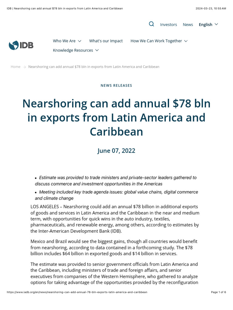 IDB - Nearshoring Can Add Annual $78 BLN in Exports From Latin America and Caribbean | PDF ...