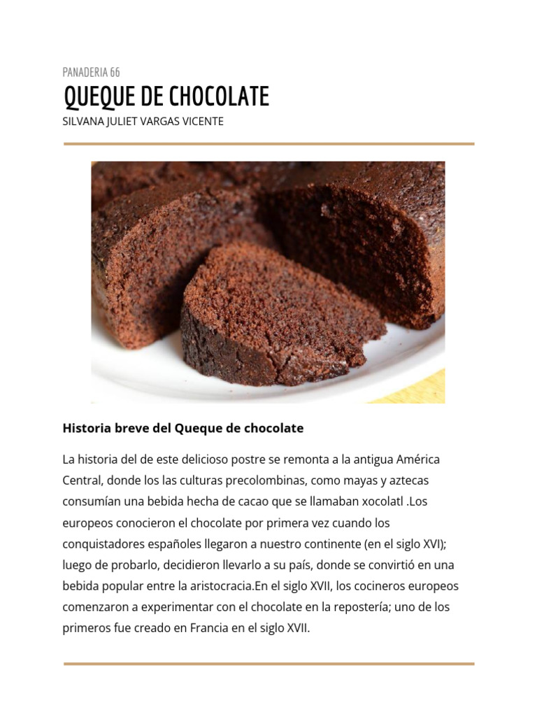 Queque de Chocolate: Historia y Receta | PDF | Salud y bienestar
