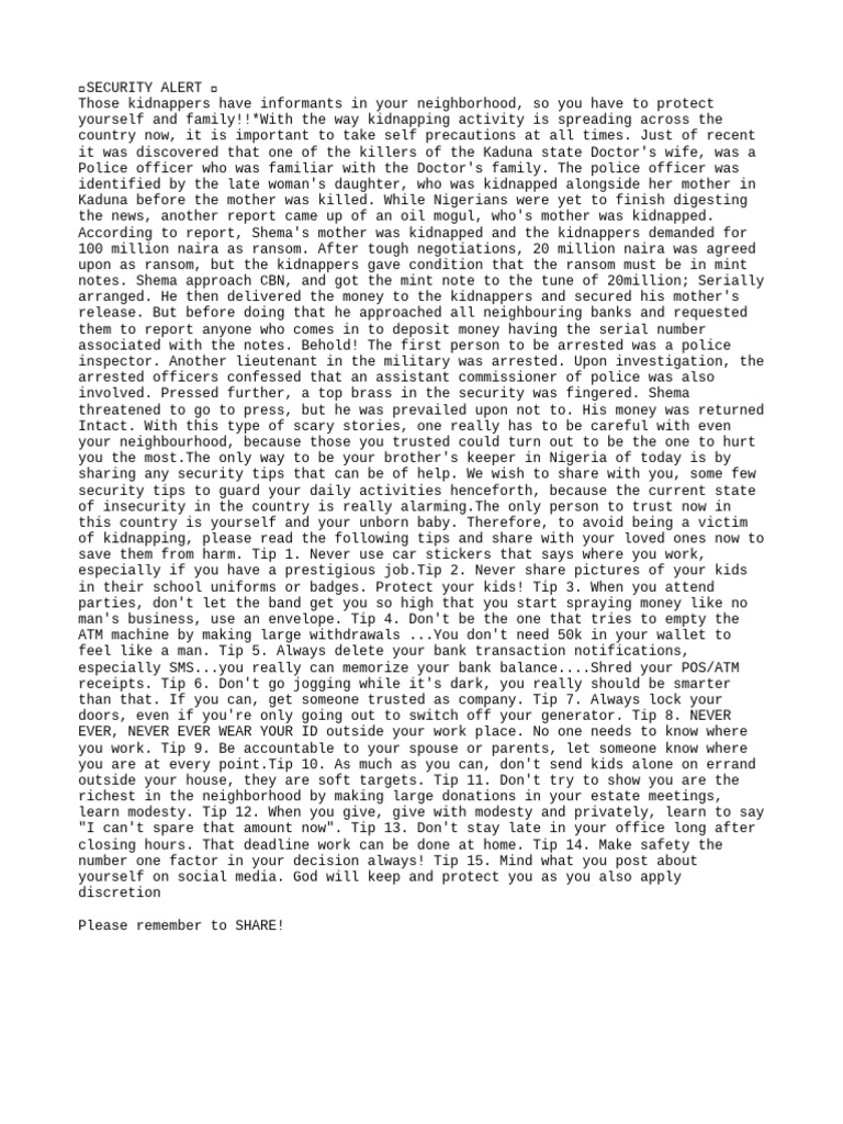 Stay Safe: Essential Security Tips | PDF | Kidnapping