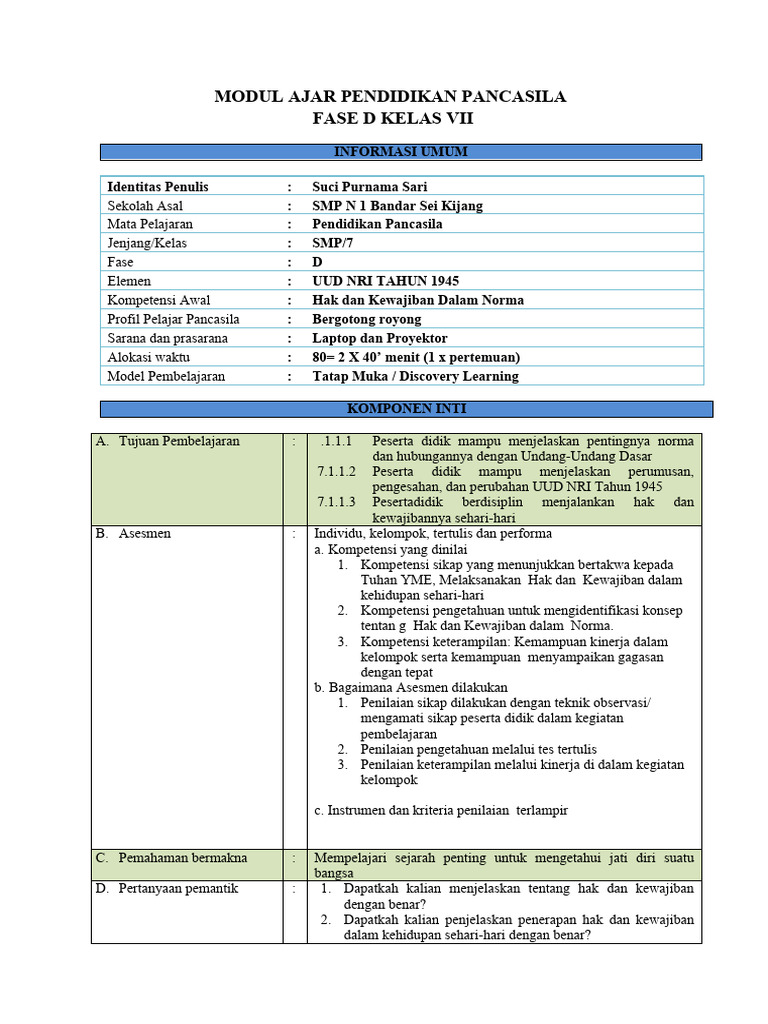 MODUL AJAR PPKN Kelas 7 Bab 2 | PDF
