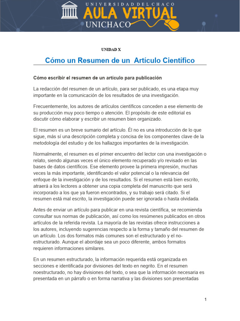 UNIDAD X Como Redactar Un RESUMEN | PDF | Publicación Académica ...