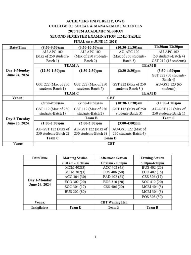 17.06.2024 - Cosmas Final Exam Timetable - 2nd Semester | PDF