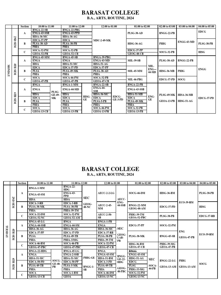 Barasat College Routine (Arts) - 2024 | PDF