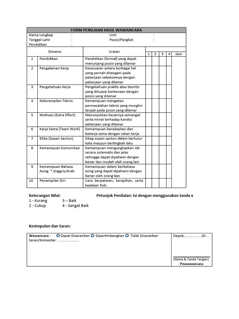 FORM PENILAIAN HASIL WAWANCARA Calon Guru | PDF