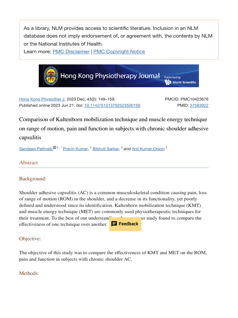 Comparison of Kaltenborn Mobilization Technique and Muscle Energy ...