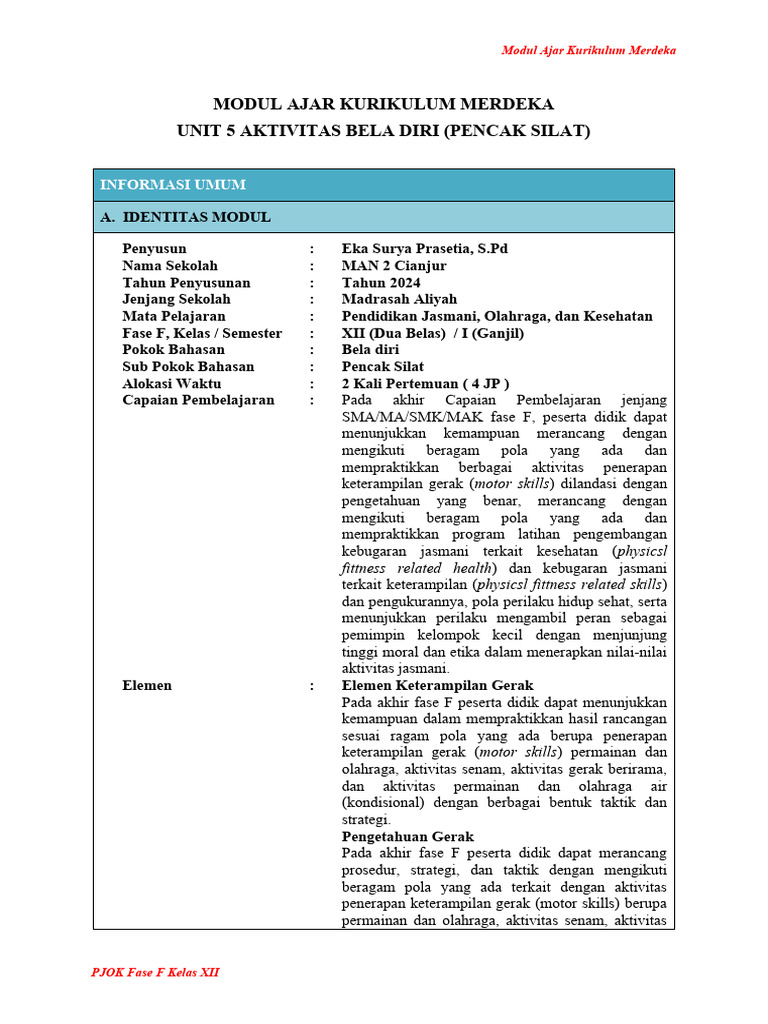 5. Modul Ajar Unit 5 Aktivitas Bela diri (Pencak Silat) | PDF