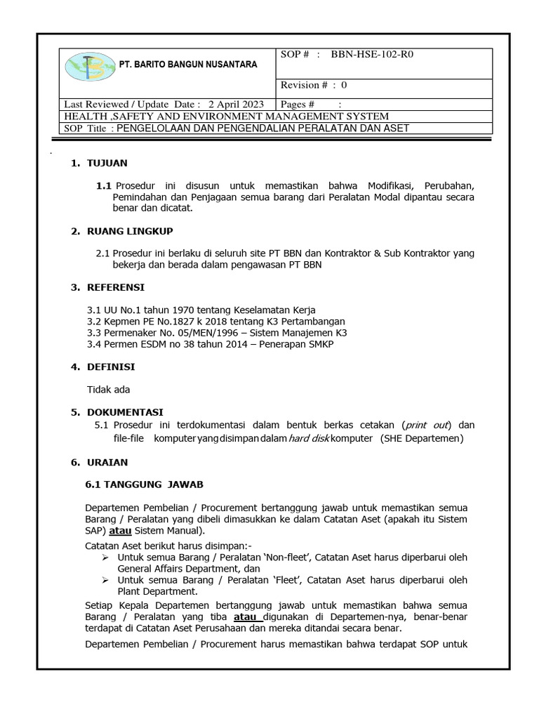 BBN Sop-She-102-R0 Pengelolaan Dan Pengendalian Peralatan Dan Aset | PDF